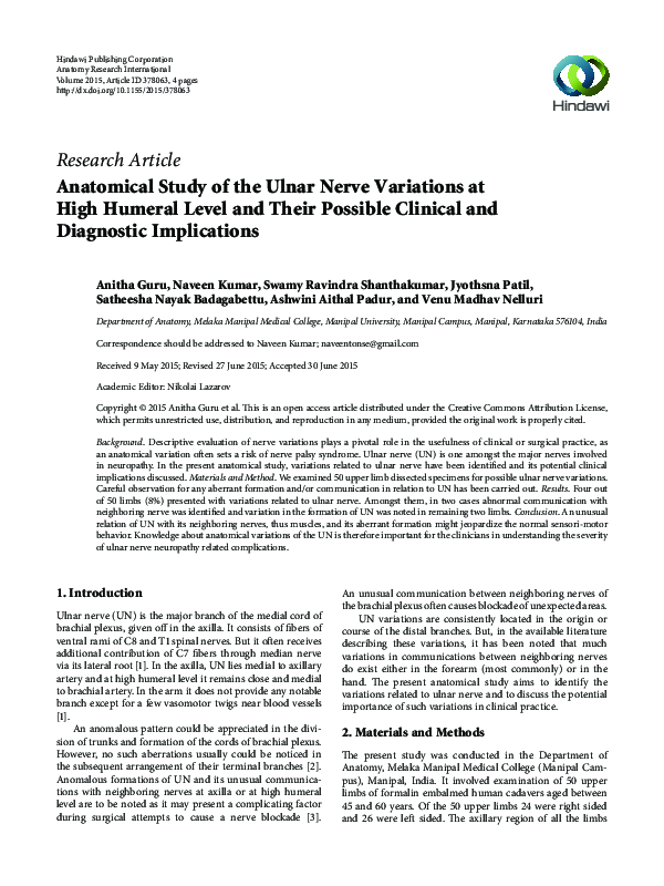 (PDF) Anatomical Study of the Ulnar Nerve Variations at High Humeral ...