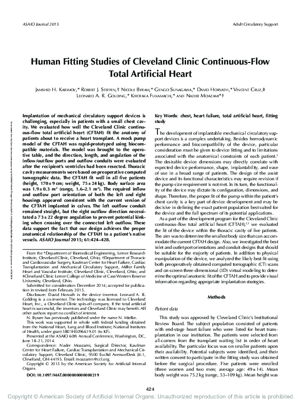 (PDF) Human Fitting Studies of Cleveland Clinic Continuous-Flow Total ...