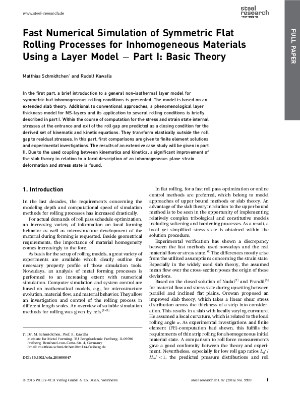 (PDF) Fast Numerical Simulation of Symmetric Flat Rolling Processes for ...