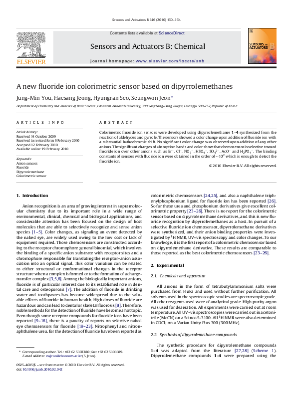 Pdf A New Fluoride Ion Colorimetric Sensor Based On Dipyrrolemethanes