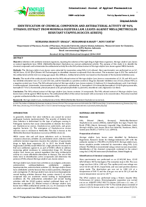(PDF) IDENTIFICATION OF CHEMICAL COMPOUNDS AND ANTIBACTERIAL ACTIVITY OF 96% ETHANOL EXTRACT ...