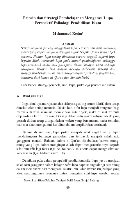 (PDF) Prinsip dan Strategi Pembelajaran Mengatasi Lupa Perspektif Psikologi Pendidikan Islam
