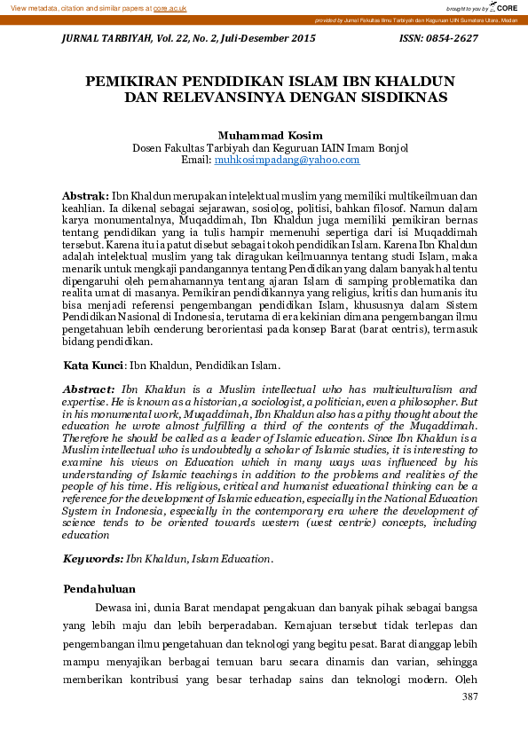 (PDF) Pemikiran Pendidikan Islam Ibn Khaldun Dan Relevansinya Dengan Sisdiknas