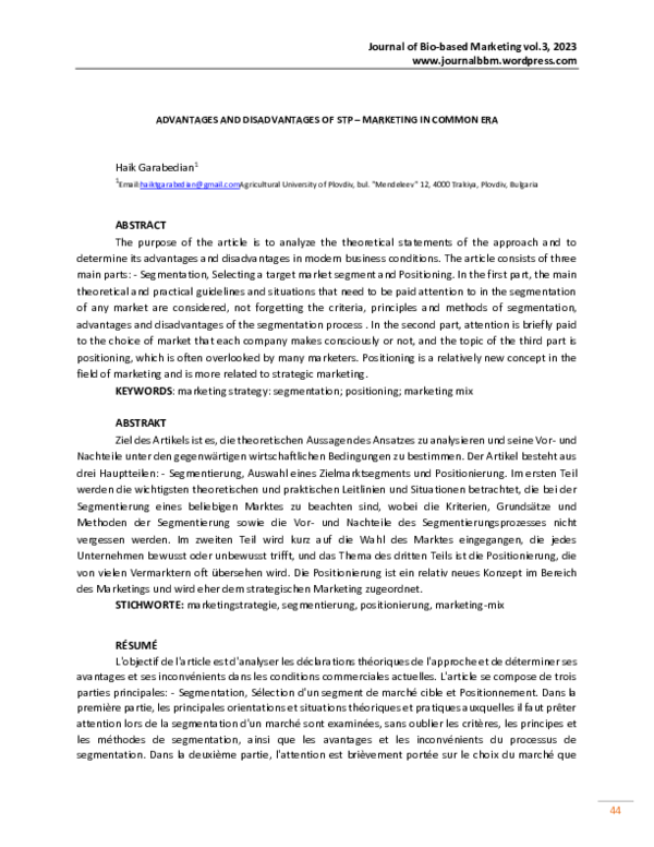 (PDF) ADVANTAGES AND DISADVANTAGES OF STP -MARKETING IN COMMON ERA (PDF) ADVANTAGES AND DISADVANTAGES OF STP -MARKETING IN COMMON ERA