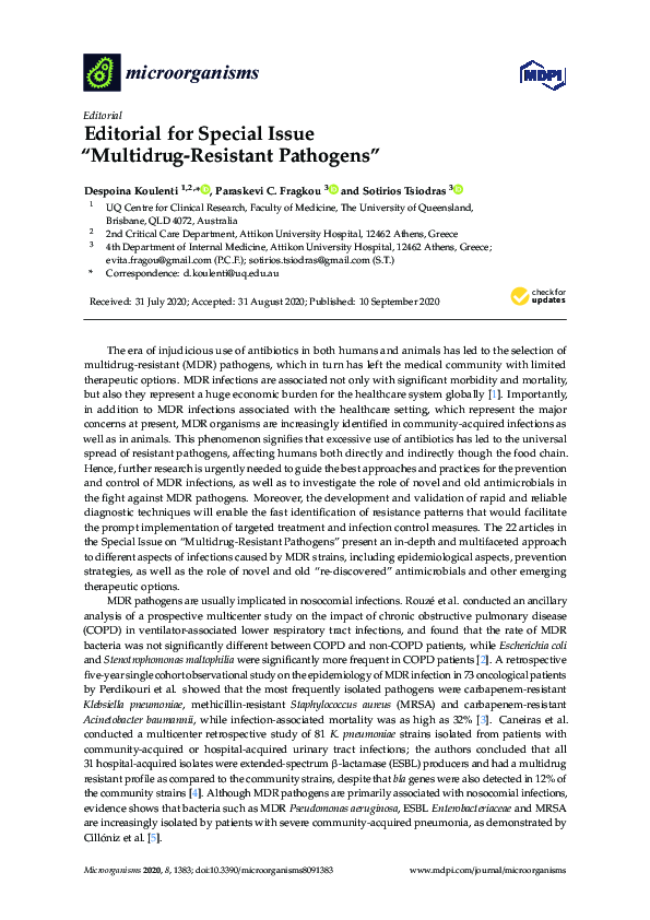 (PDF) Editorial for Special Issue “Multidrug-Resistant Pathogens”