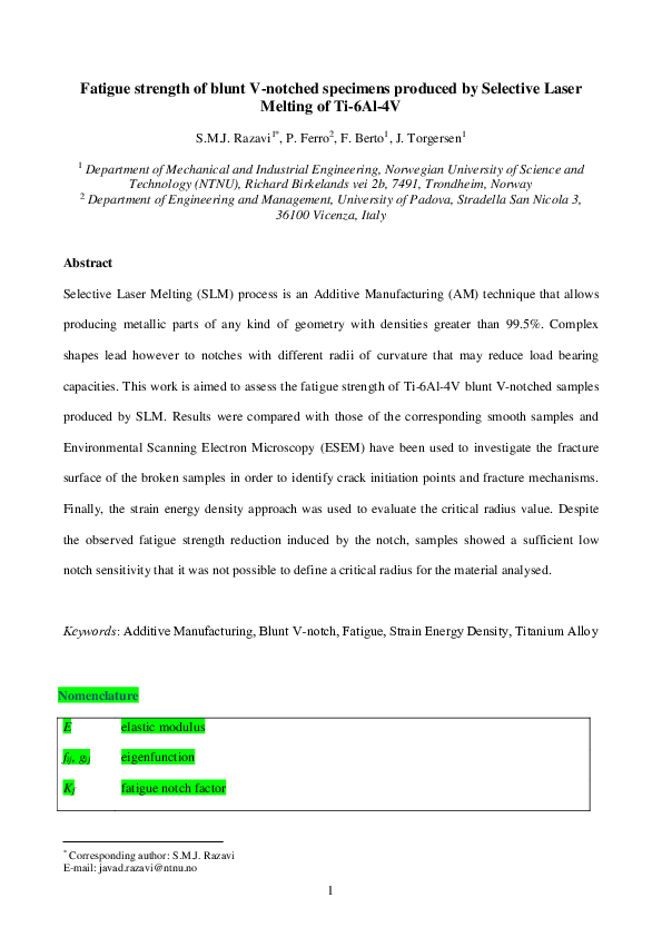 (PDF) Fatigue strength of blunt V-notched specimens produced by ...