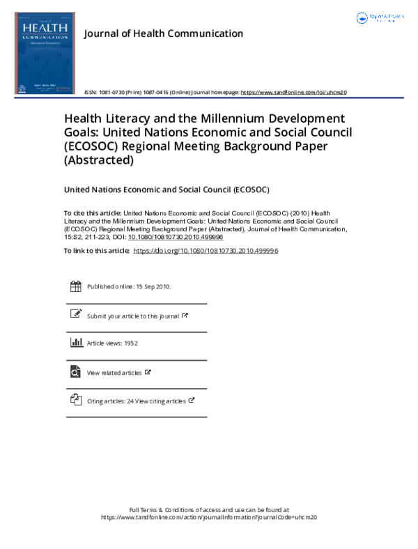 (PDF) Health Literacy and the Millennium Development Goals: United ...
