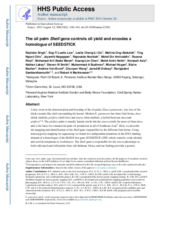 (PDF) The oil palm SHELL gene controls oil yield and encodes a ...
