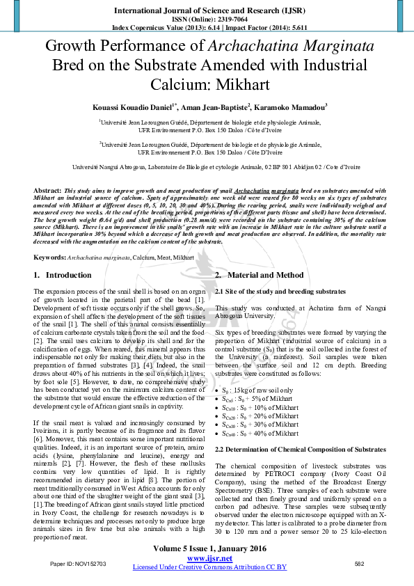 (PDF) Growth Performance of Archachatina Marginata Bred on the ...