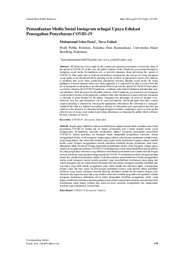 (PDF) Pemanfaatan Media Sosial Instagram sebagai Upaya Edukasi Pencegahan Penyebaran COVID-19