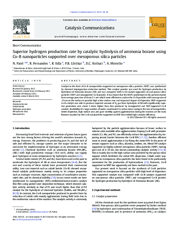 (PDF) Superior hydrogen production rate by catalytic hydrolysis of ammonia borane using Co-B ...