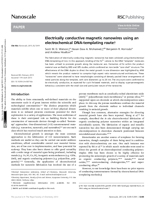 (PDF) Electrically conductive magnetic nanowires using an electrochemical DNA-templating route