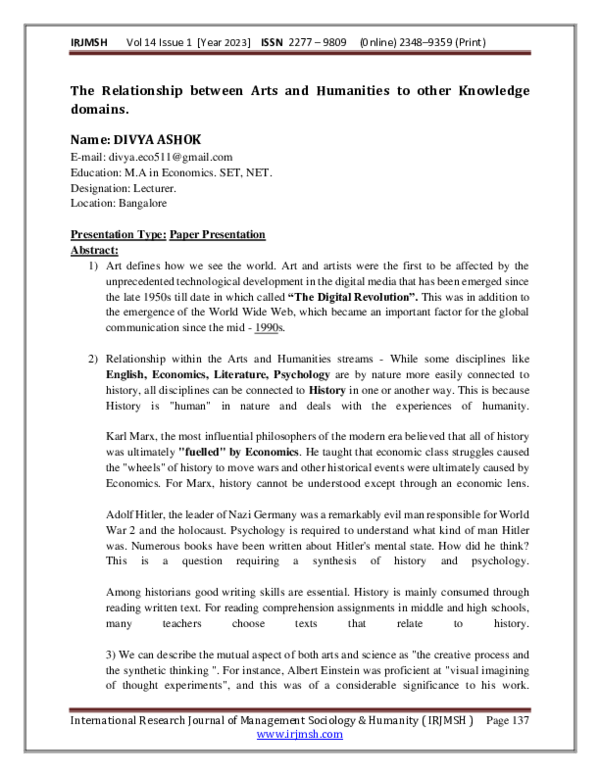 (PDF) The Relationship between Arts and Humanities to other Knowledge ...