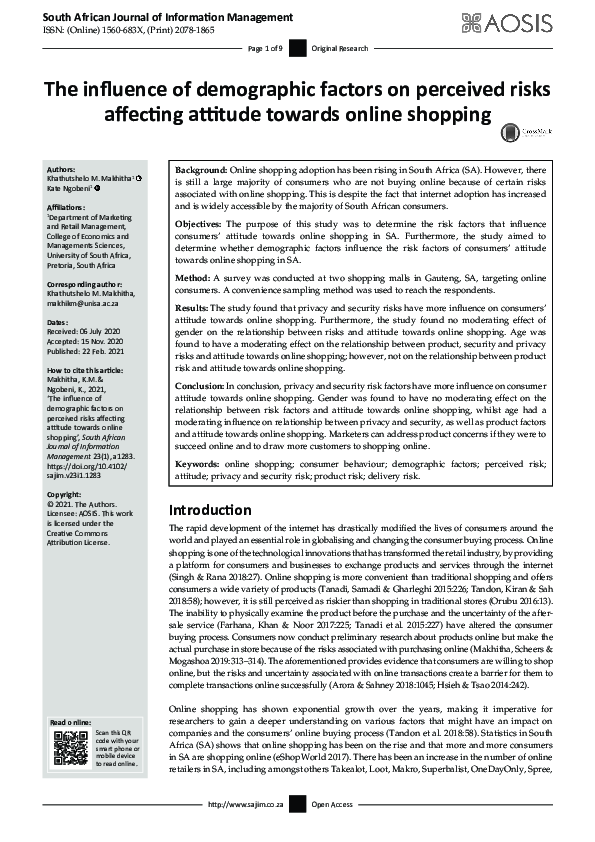 Pdf The Influence Of Demographic Factors On Perceived Risks Affecting