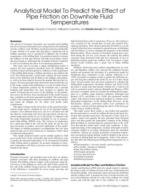 (PDF) Analytical Model To Predict the Effect of Pipe Friction on Downhole Fluid Temperatures