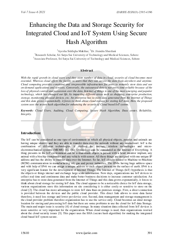 Enhancing The Data And Storage Security For Integrated Cloud And Iot System Using Secure Hash 3908