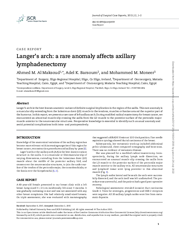 (PDF) Langer's arch: a rare anomaly affects axillary lymphadenectomy
