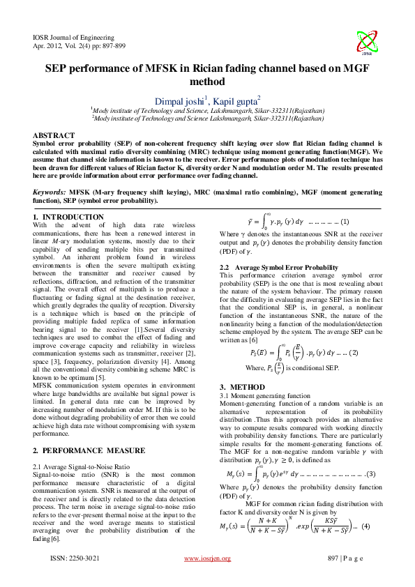(PDF) SEP performance of MFSK in Rician fading channel based on MGF method