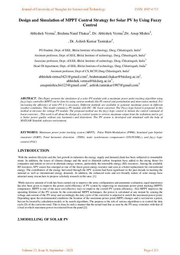 Pdf Design And Simulation Of Mppt Control Strategy For Solar Pv By Using Fuzzy Control