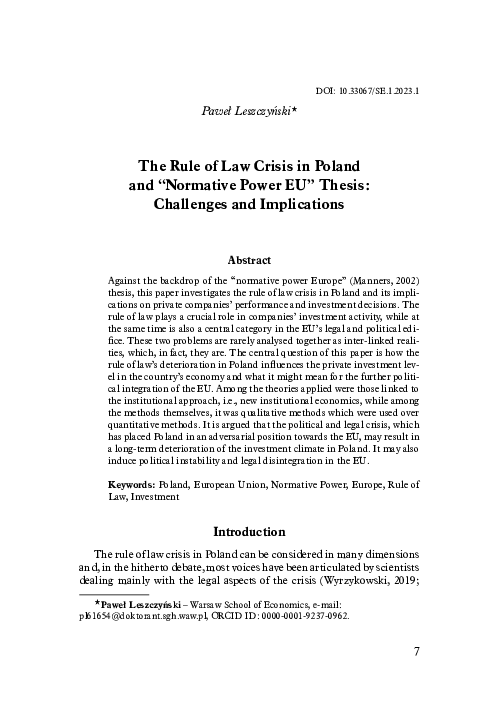 (PDF) The Rule of Law Crisis in Poland and "Normative Power EU" Thesis: Challenges and Implications