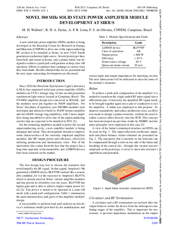 (PDF) Novel 500 MHz Solid State Power Amplifier Module Development at Sirius