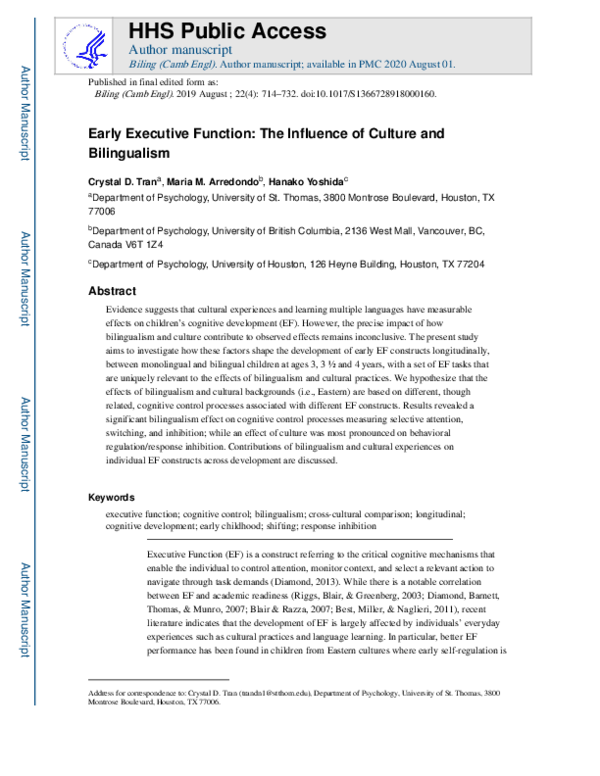 (PDF) Early executive function: The influence of culture and bilingualism
