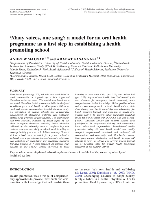 (PDF) Many voices, one song': a model for an oral health programme as a ...