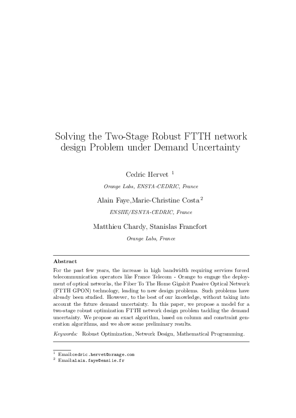 (PDF) Solving the Two-Stage Robust FTTH network design Problem under Demand Uncertainty