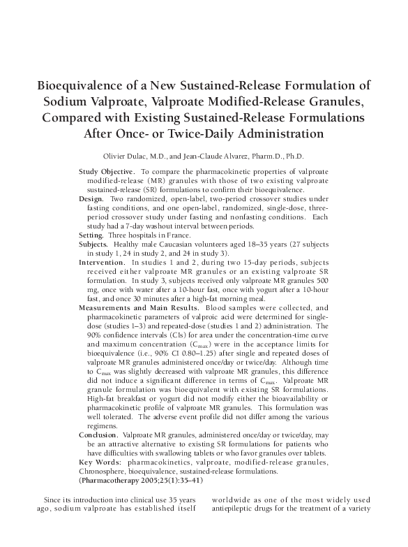 Pdf Bioequivalence Of A New Sustained Release Formulation Of Sodium Valproate Valproate