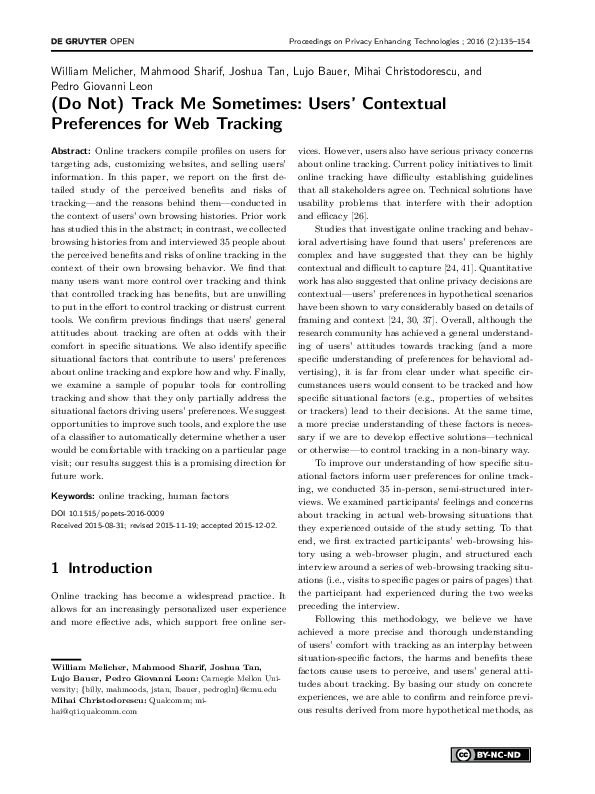 (PDF) (Do Not) Track Me Sometimes: Users’ Contextual Preferences for Web Tracking