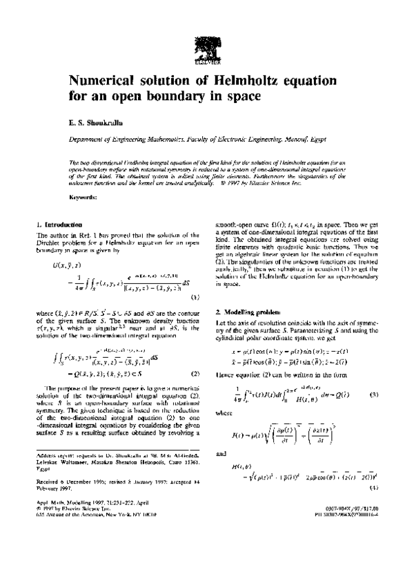 (PDF) Numerical solution of Helmholtz equation for an open boundary in space