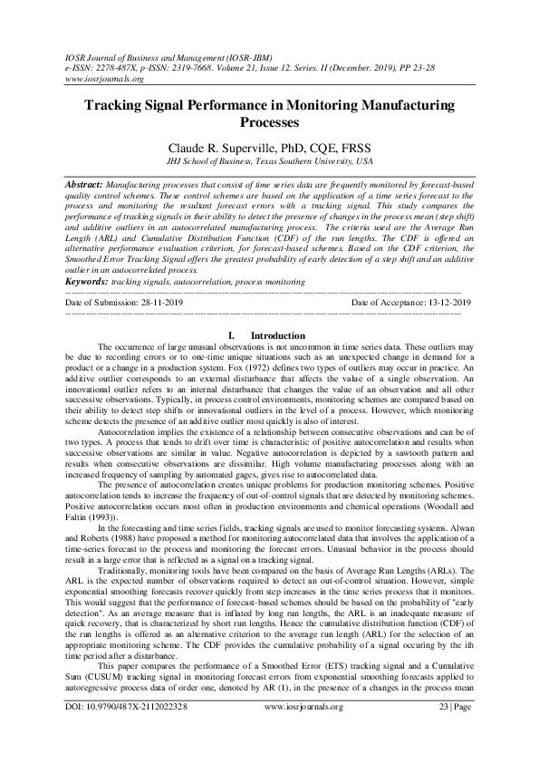 (PDF) Tracking Signal Performance in Monitoring Manufacturing Processes