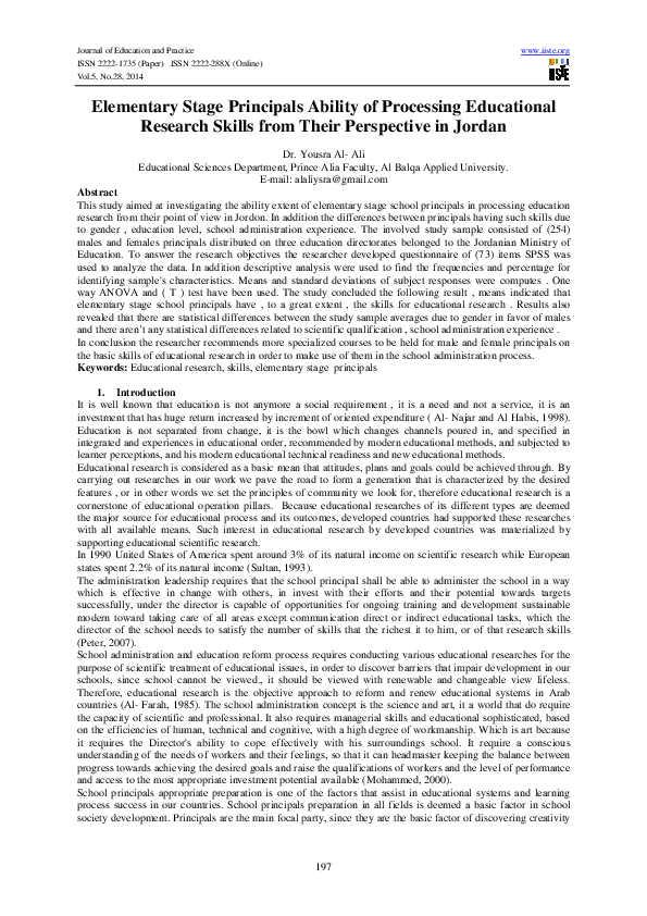 (PDF) Elementary Stage Principals Ability of Processing Educational Research Skills from Their ...