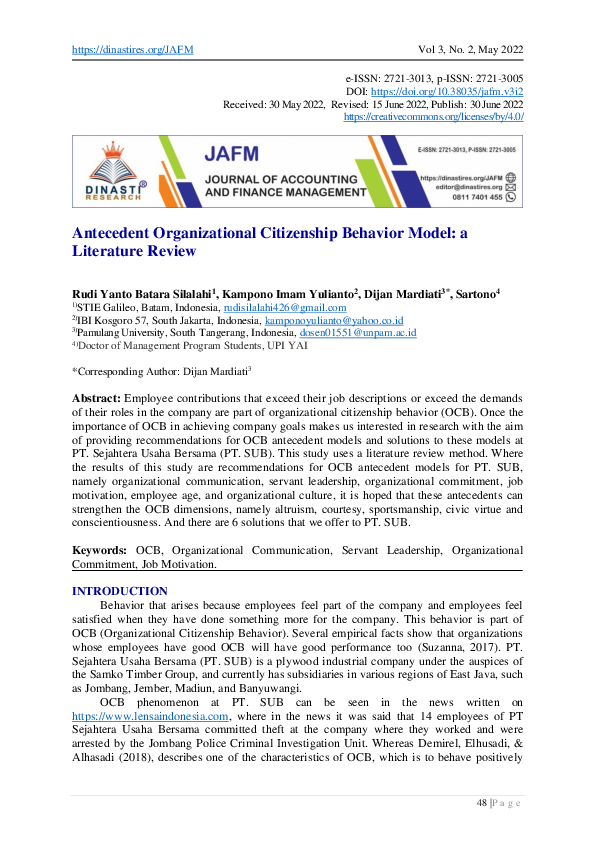 (PDF) Antecedent Organizational Citizenship Behavior Model: a Literature Review