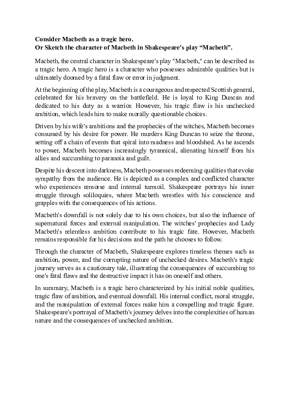 (PDF) Consider Macbeth as a tragic hero. Or Sketch the character of ...