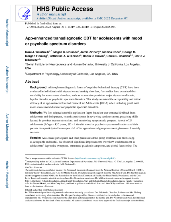 (PDF) App-enhanced transdiagnostic CBT for adolescents with mood or ...