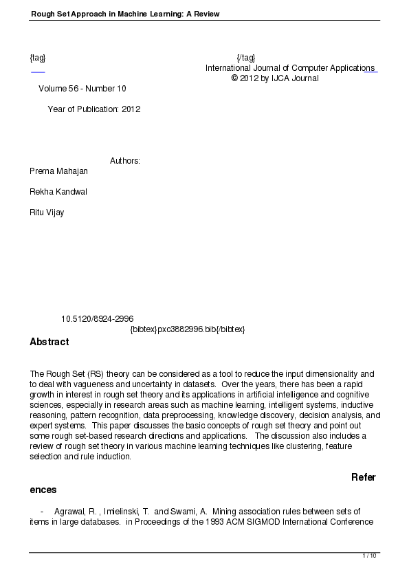 (PDF) Rough Set Approach in Machine Learning: A Review