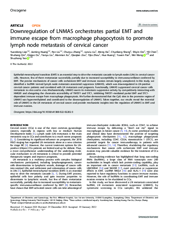 (PDF) Downregulation of LNMAS orchestrates partial EMT and immune ...