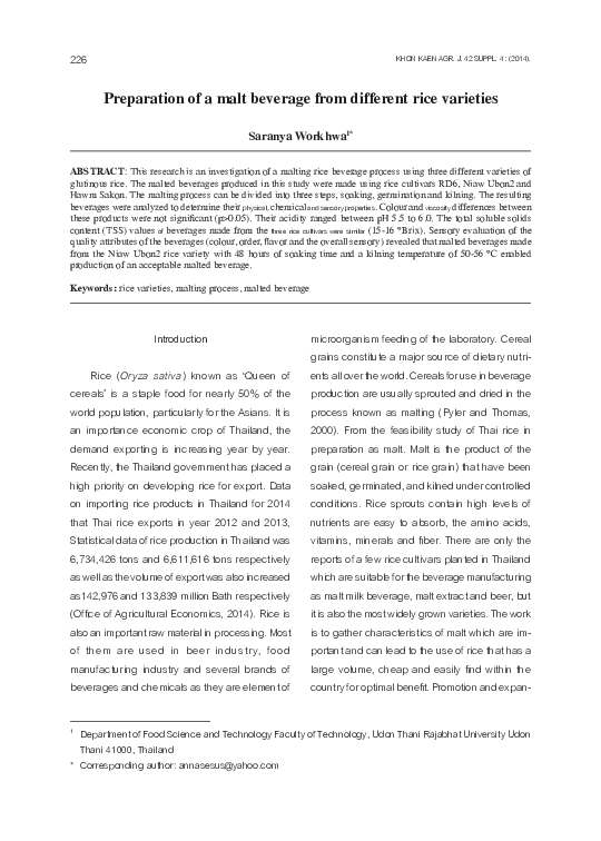 (PDF) Preparation of a malt beverage from different rice varieties