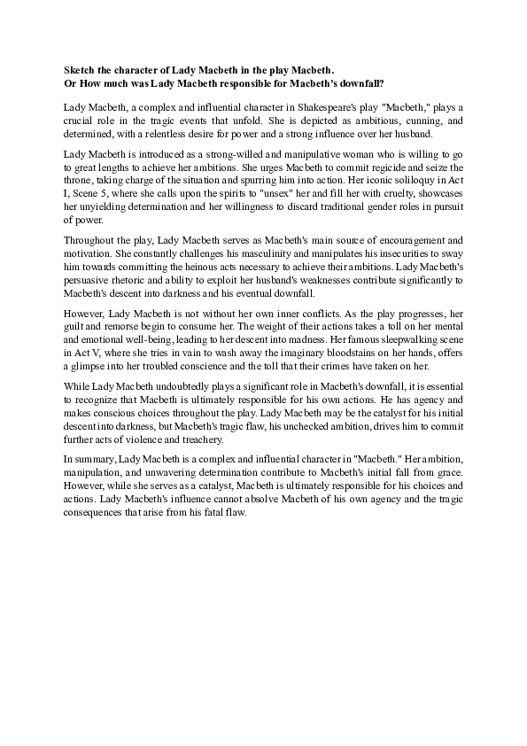 (PDF) Sketch the character of Lady Macbeth in the play Macbeth. Or, How ...
