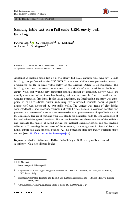(PDF) Shaking table test on a full scale URM cavity wall building