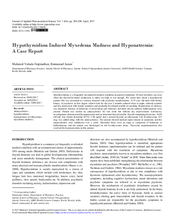(PDF) Hypothyroidism Induced Myxedema Madness and Hyponatremia: A Case ...