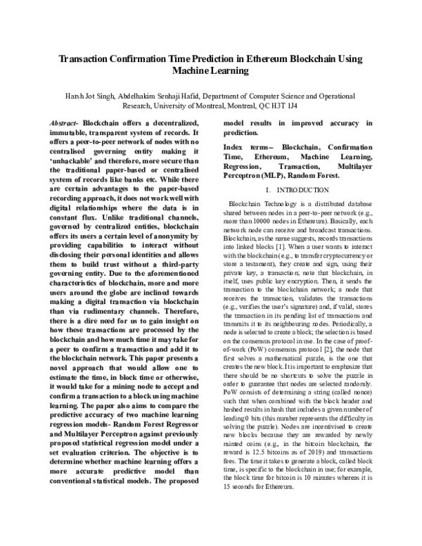(PDF) Transaction Confirmation Time Prediction in Ethereum Blockchain Using Machine Learning
