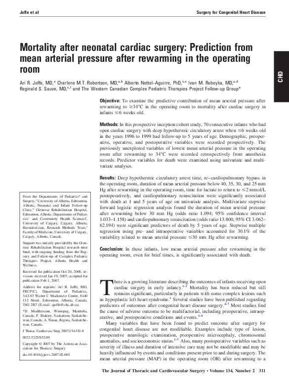 Pdf Mortality After Neonatal Cardiac Surgery Prediction From Mean Arterial Pressure After