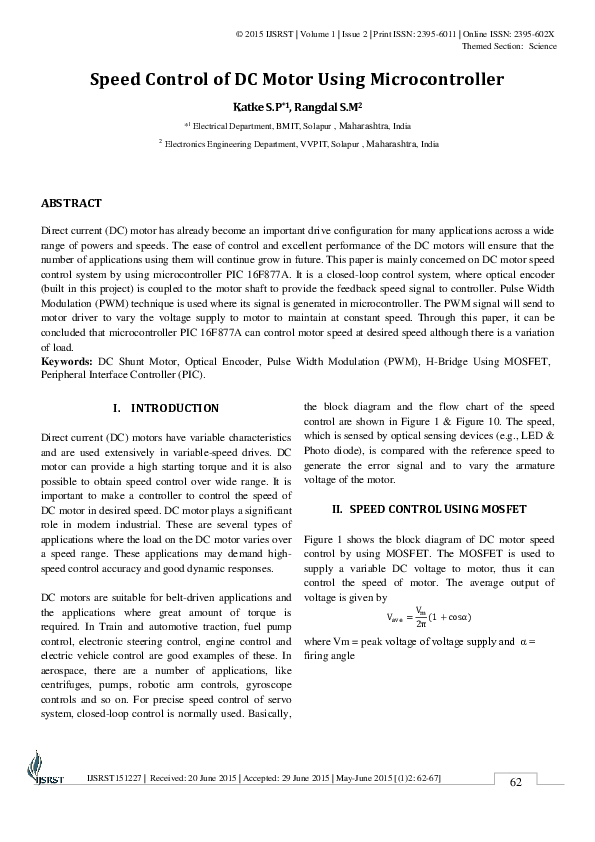 (PDF) Speed Control Of Dc Motor Using Micro Controller