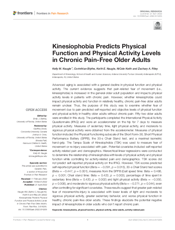 (PDF) Kinesiophobia Predicts Physical Function and Physical Activity Levels in Chronic Pain-Free ...