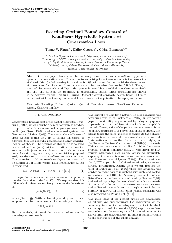 Pdf Receding Optimal Boundary Control Of Non Linear Hyperbolic Systems Of Conservation Laws