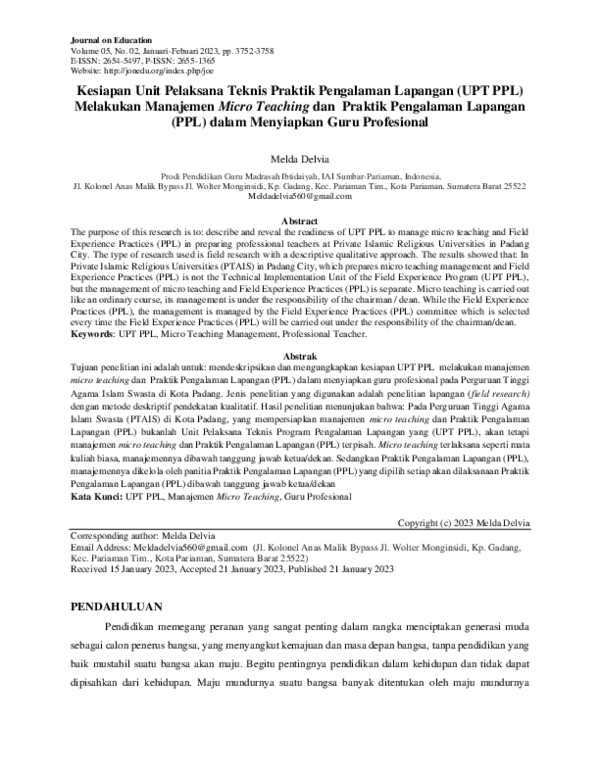 (PDF) Kesiapan Unit Pelaksana Teknis Praktik Pengalaman Lapangan (UPT PPL) Melakukan Manajemen ...