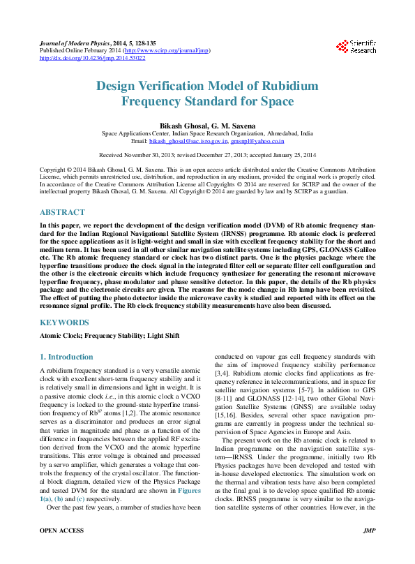 (PDF) Design Verification Model of Rubidium Frequency Standard for Space