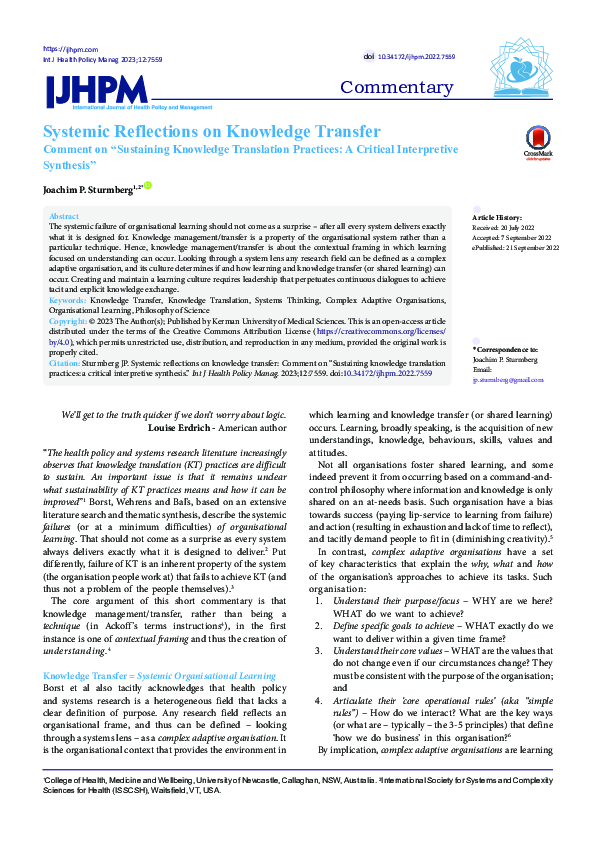 (PDF) Systemic Reflections on Knowledge Transfer Comment on "Sustaining ...